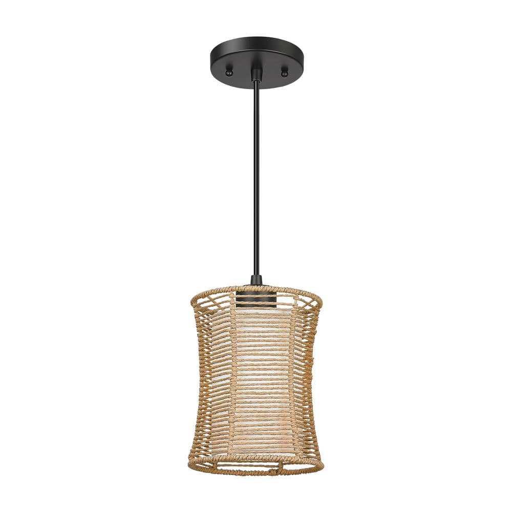 JAZAVA Farmhouse 1-Light Wooded Natural Rattan Shaded Pendant Light ...