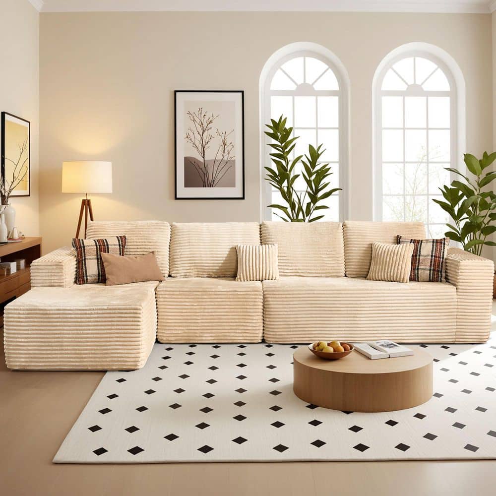 Allwex VC 140 in. Wide Arm 3-Piece Modern Plush Corduroy L-Shape ...