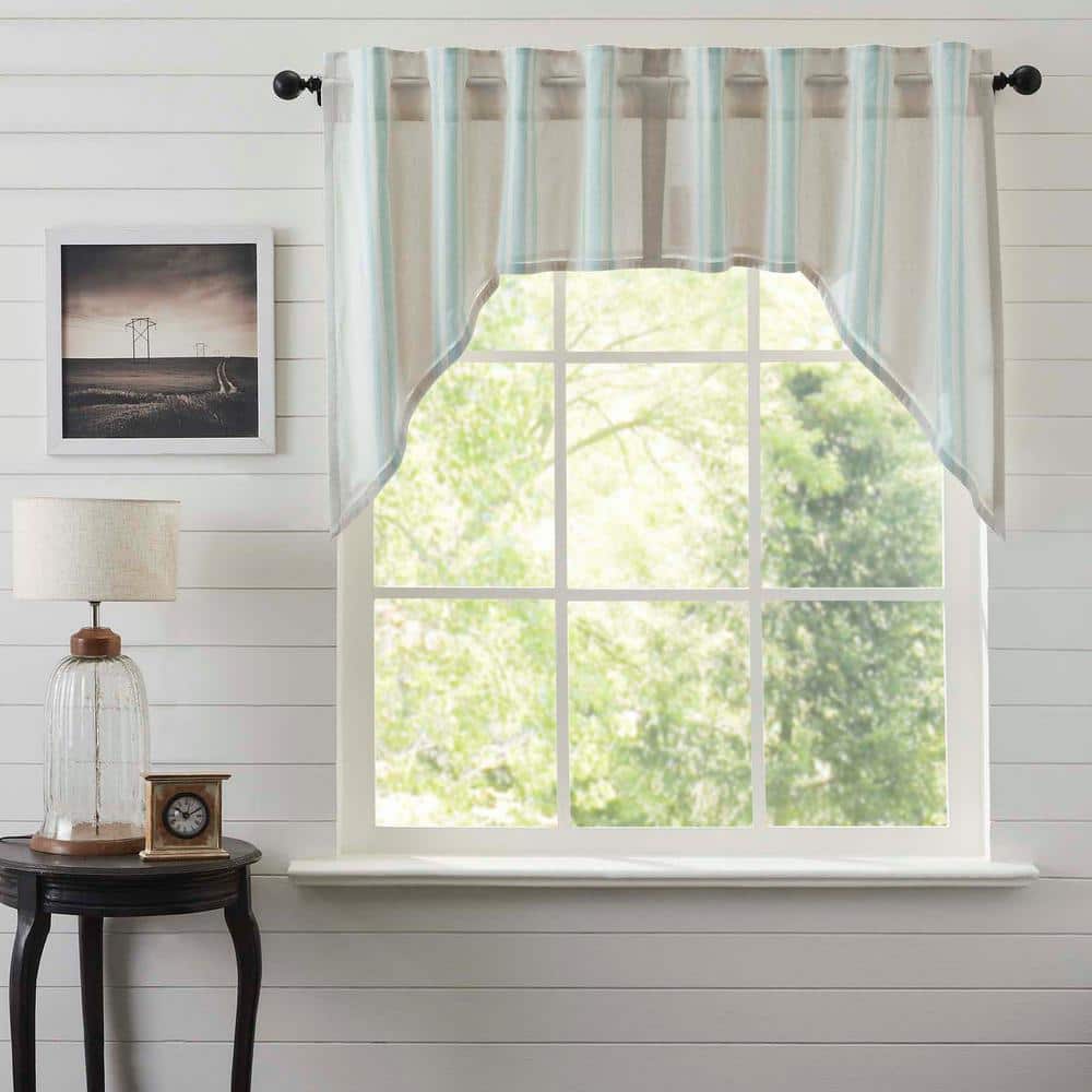 VHC BRANDS Grain Sack 36 in. L Cotton Swag Valance in Creme Aqua Pair ...