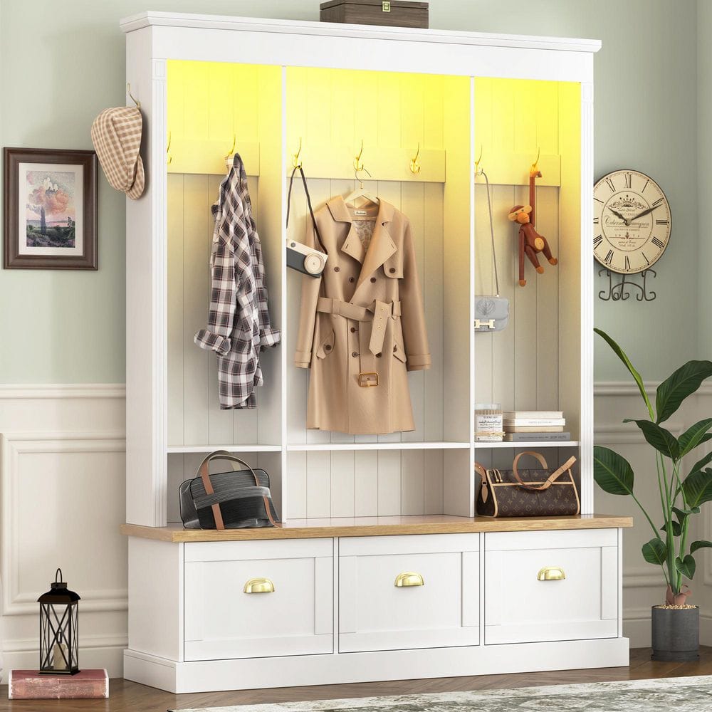 Harper & Bright Designs White Elegant Wood Hall Tree Entryway Organizer ...