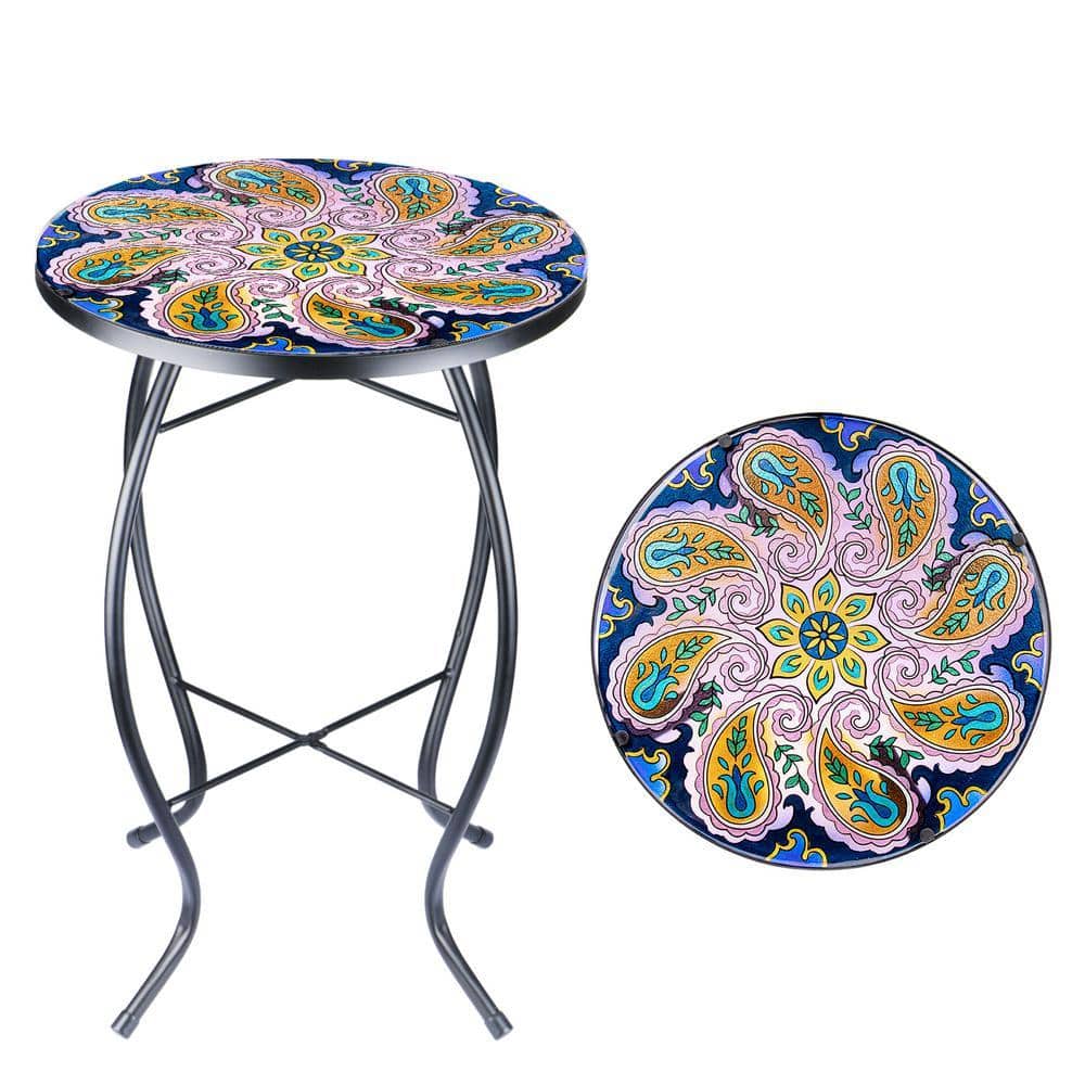 MUMTOP 14 in. Round Purple Glass Metal Decorative Table with Mosaic ...