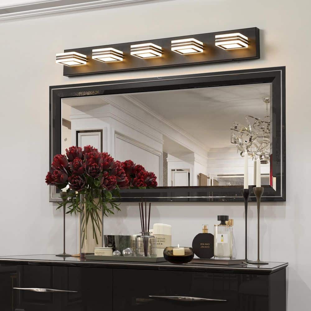 LINJO 34 in. Modern 5-Light Black LED Vanity Light Over Mirror Bath ...