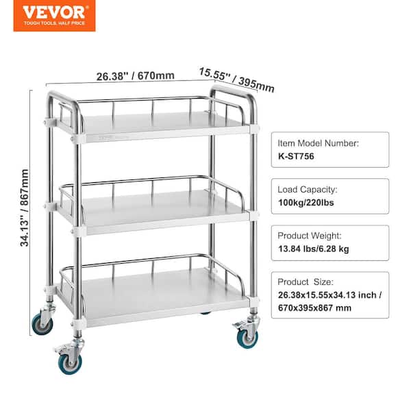 Dual-tier Service Cart Stainless Steel With Drawer - 2-Tier Utility ...