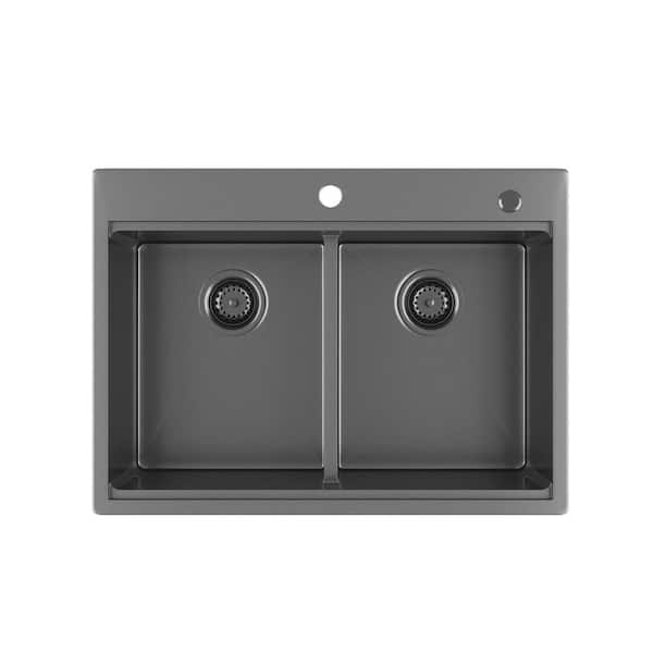 Buruis 33 in. Drop-In Double Bowl 16 Gauge Black Stainless Steel ...