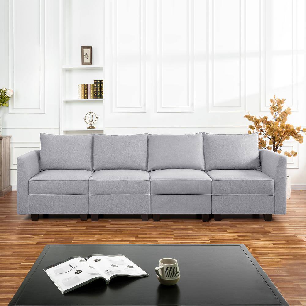MAYKOOSH Contemporary 4-Piece Upholstered Sectional Sofa Bed - Gray Linen - Sofa Couch for ...