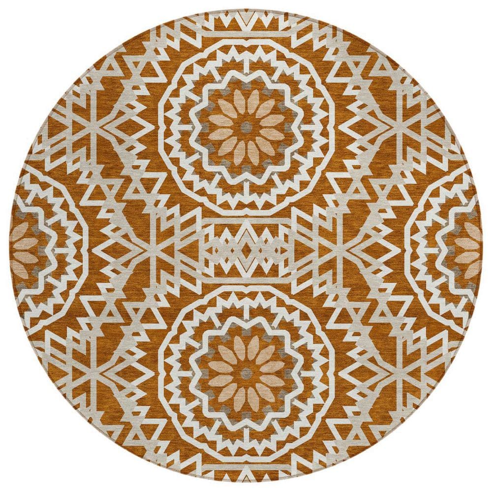 HomeRoots Orange, Copper, Beige 8 ft. Round Woven Floral, Medallion ...