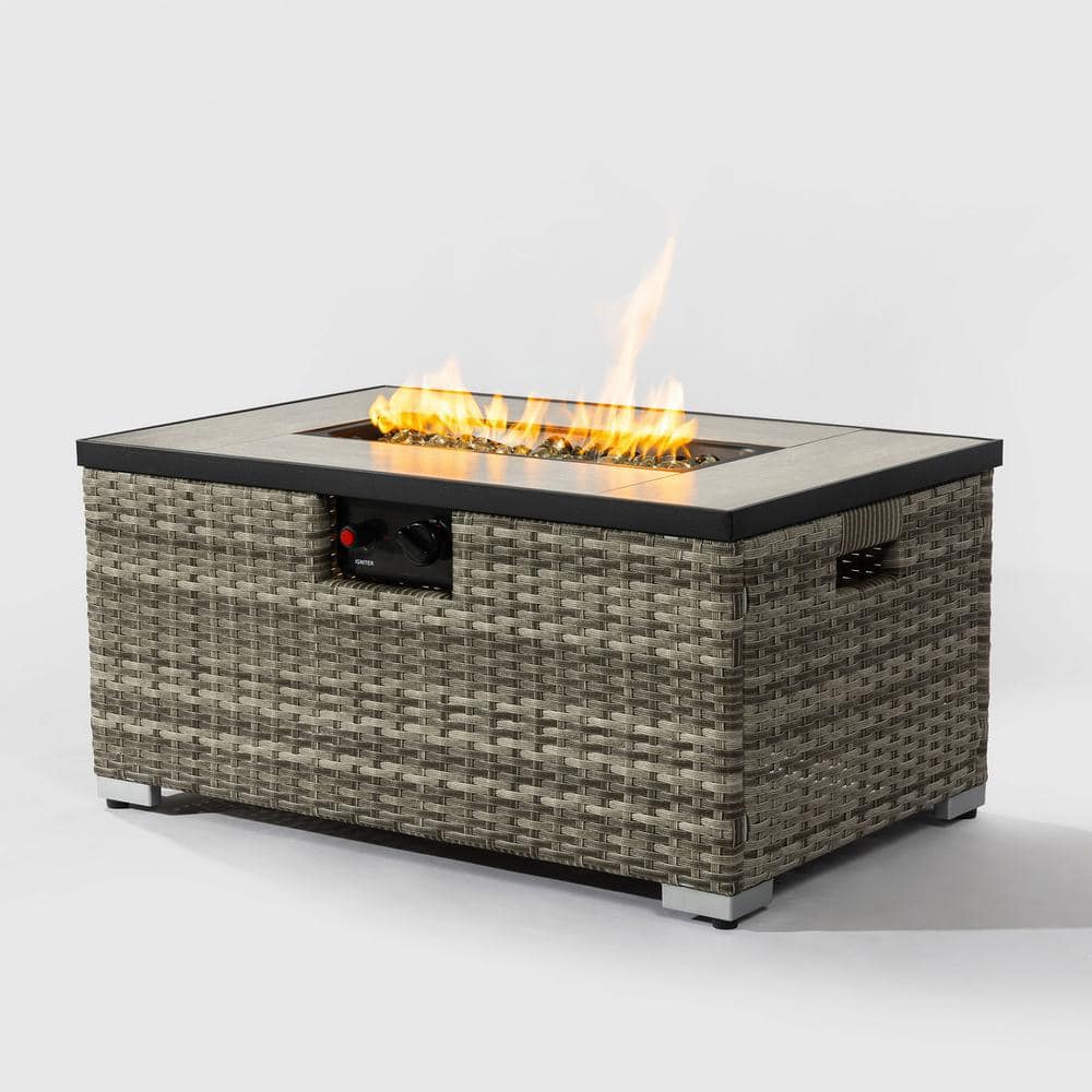 31.5 in. 40000 BTU Beige PE Rattan and Iron Propane Outdoor Fire Pit Table with Ceramic Tile ...