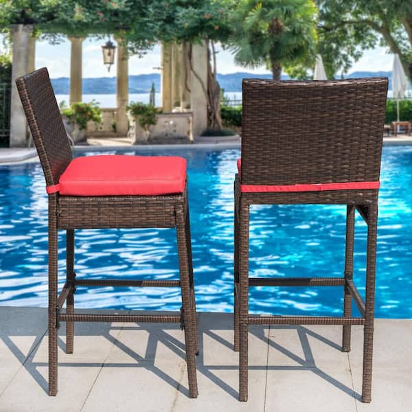 AURA OUTDOOR Brown Swivel Metal Outdoor Bar Stools with Red Cushion (2 ...