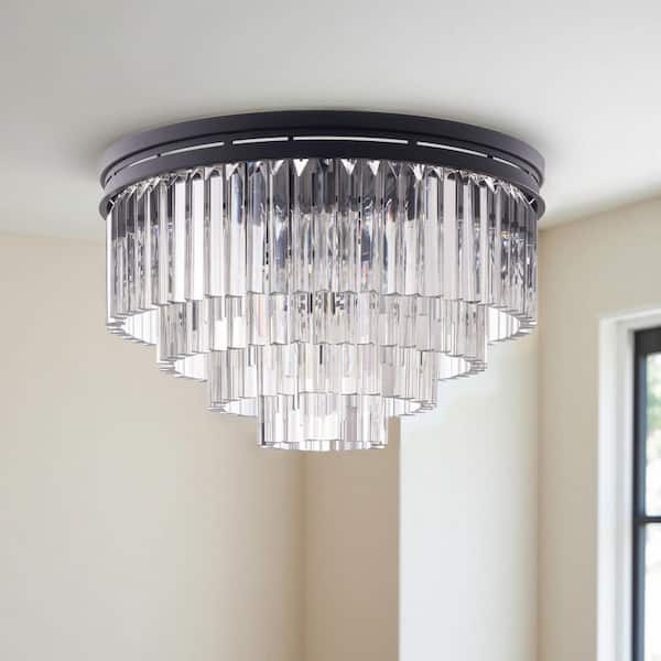 Marwick & Co. 18-Light Matte Black Tiered Crystal Chandelier Flush ...