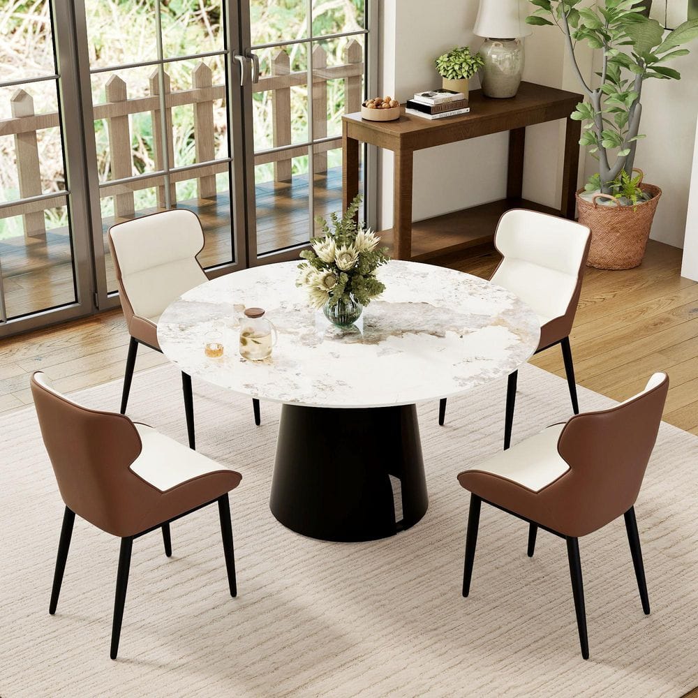 Magic Home 53 in. Pandora Round Sintered Stone Tabletop Black Pedestal ...