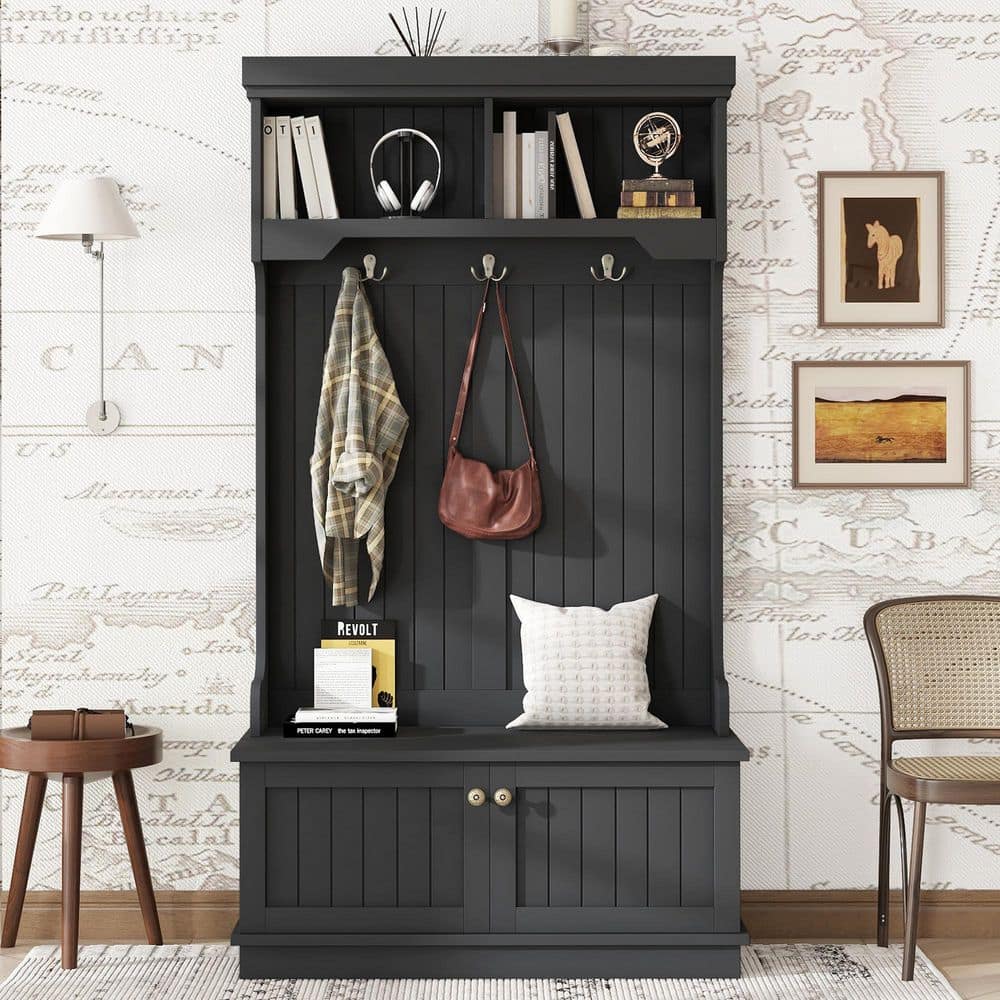 27.5 in. W Narrow Hall Tree with Flip Drawer with 4 Hanging Hooks and ...