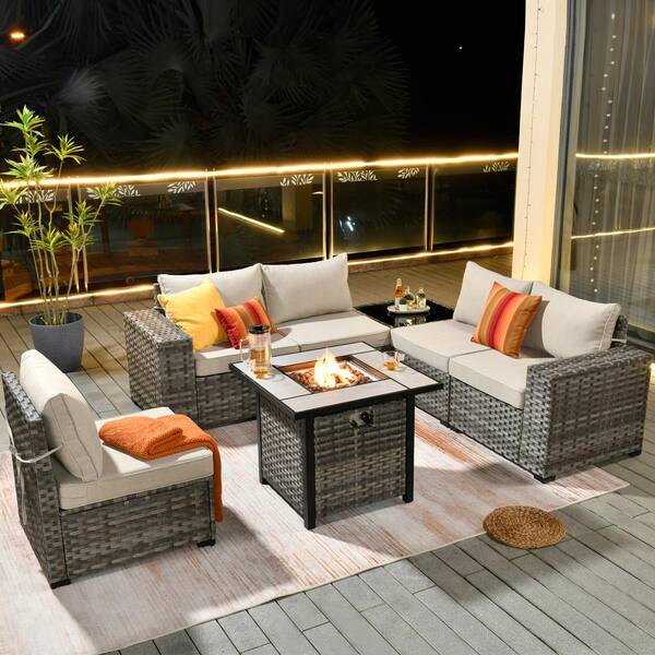 HOOOWOOO Tahoe Grey 7-Piece Wicker Wide Arm Outdoor Patio Conversation ...