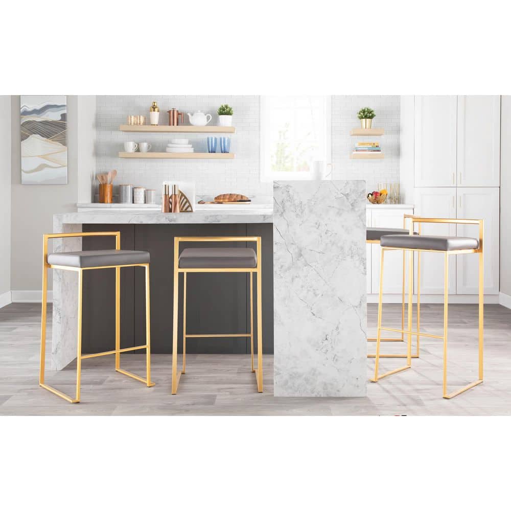 LumiSource Fuji 34 in. Grey Faux Leather and Gold Metal Stackable Bar ...