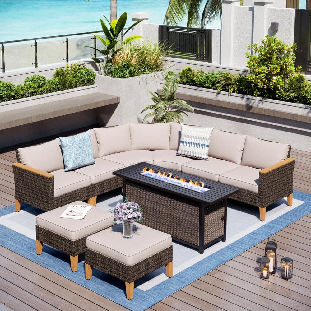 PHI VILLA Brown Rattan Wicker 8-Seat 9-Piece Steel Outdoor Fire Pit ...