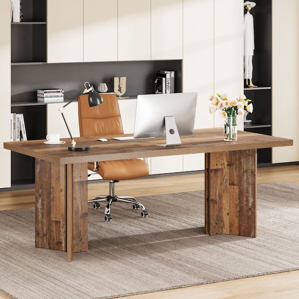 BYBLIGHT 63 in. Rectangular Distressed Brown Engineered Wood Executive ...