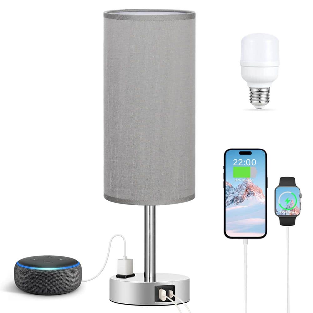 14 in. Silver Lantern Table Lamp for Bedroom with USB C A Charging ...