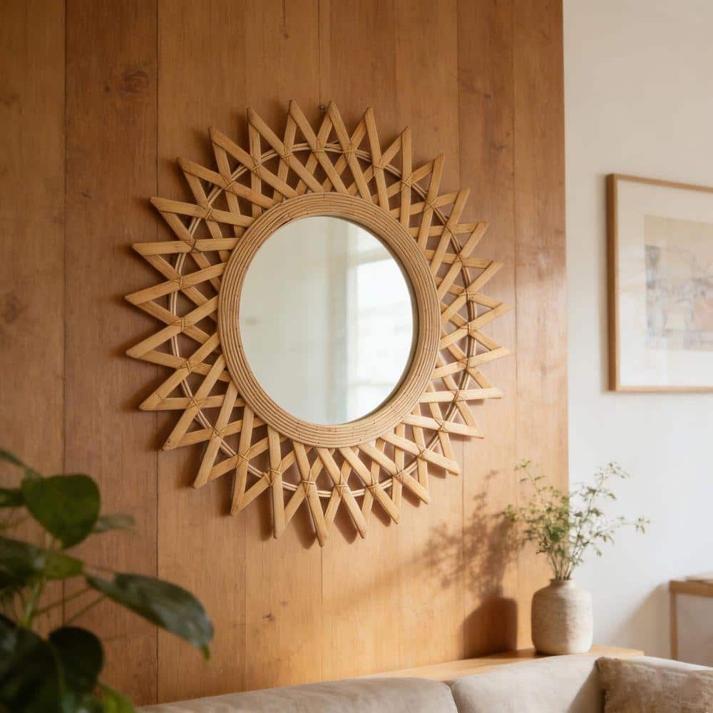 24 in. W x 24 in. H Natural Round Wood Framed Wall Mirror, Wall-Mounted ...