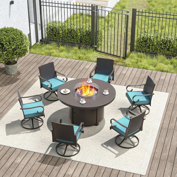 Halmuz 7-Piece Metal Patio Conversation Set with 48 in. Round Fire Pit ...