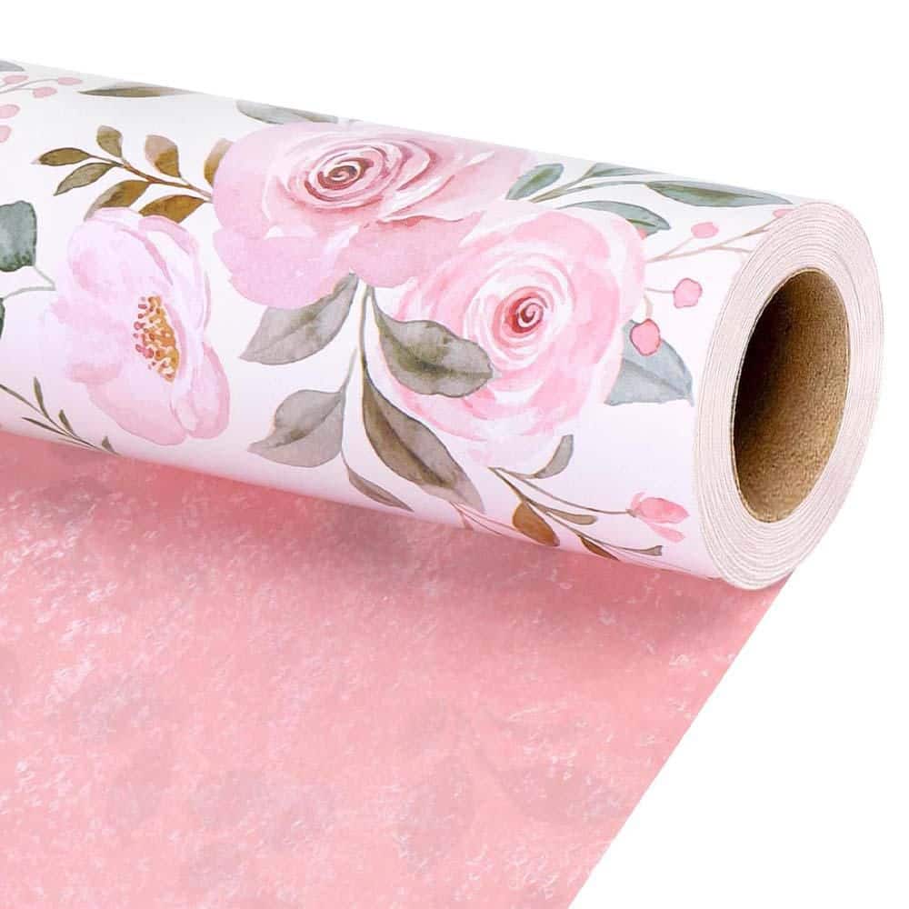 N/A Reversible Floral Wrapping Paper Roll 17 in. x 33 ft. Pink ...