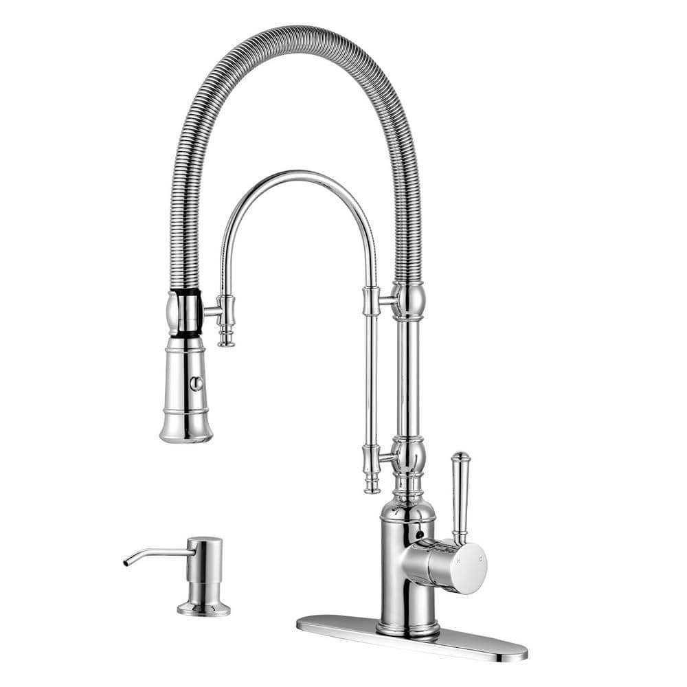 WOWOW Single Handle Convenient Pull Down Sprayer Kitchen Faucet in Polished Chrome with Soap ...
