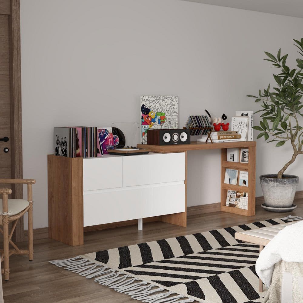FUFU&GAGA 83.8 in. Width Rectangle White & Wooden Grain Wood 4 Drawers ...