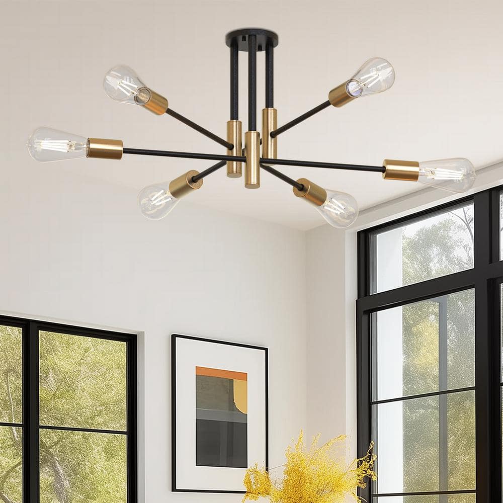 Briignite 32.7 in. 6-Light Black Semi- Flush Mount with Aged Brass ...