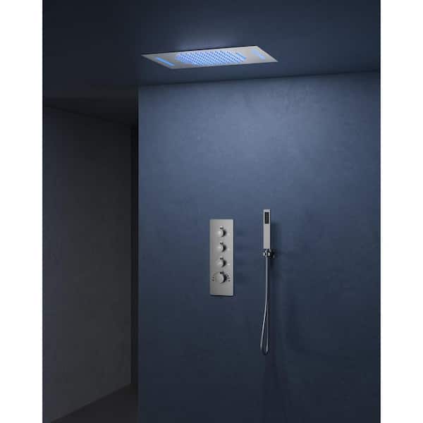 EVERSTEIN 4-Handles LED 7-Spray Square High Pressure 23 in. L x 15 in. W with Handheld Shower ...