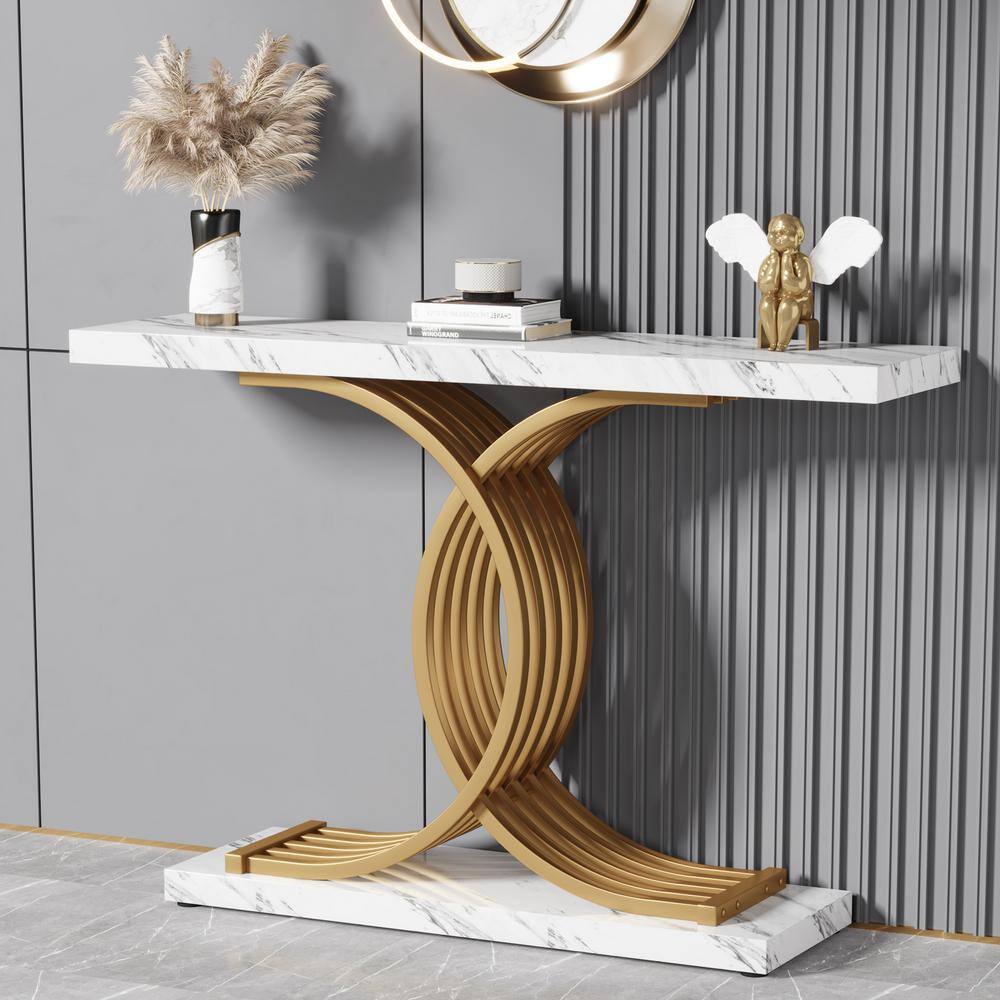 BYBLIGHT Terrella 39.37 in. White Rectangle Wood Console Table with ...