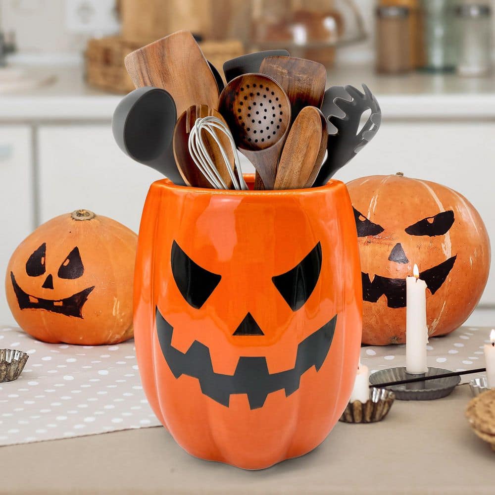 Wudkey Halloween Orange Kitchen Decor Ceramic Pumpkin Utensil Holder ...