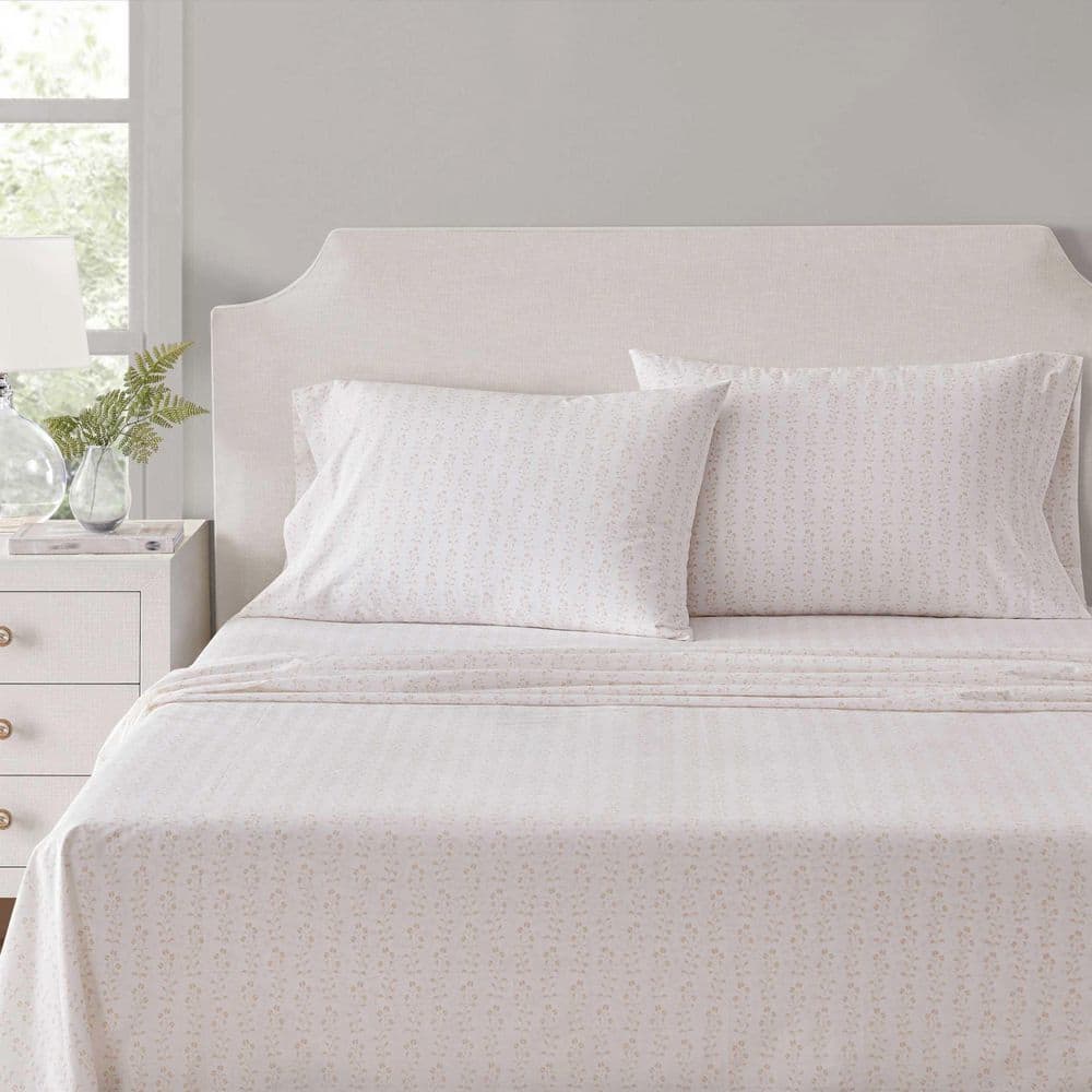MARTHA STEWART MS Ditsy Vine 4-Piece White/Pearl Peach Percale Cotton ...