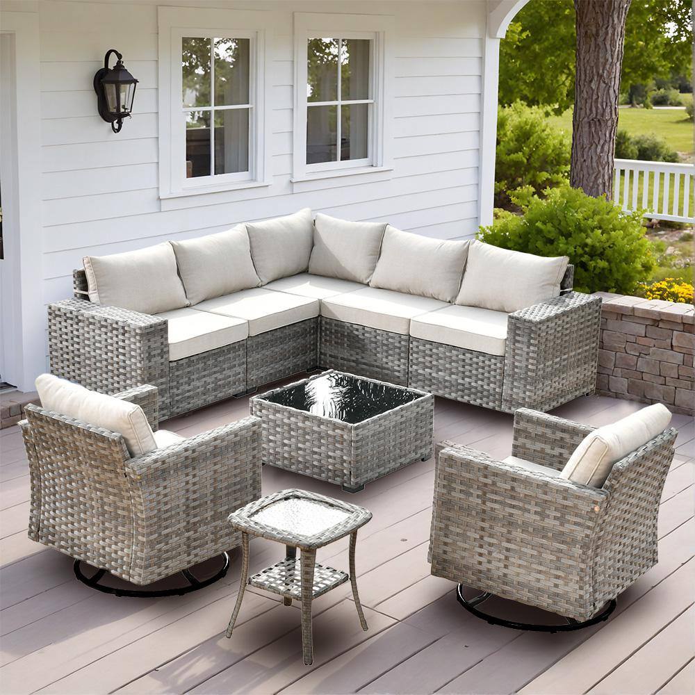 XIZZI Beatrice 9-Piece Wicker Patio Conversation Seating Sofa Set with ...