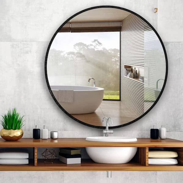 Black 39 in W x 39 in. H Classic Round Aluminium and MDF Framed Mirror ...
