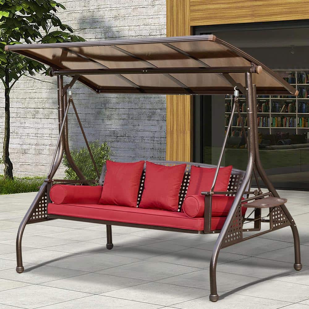 Zeus & Ruta 3-Person Metal Round Pipe Patio Swing with Adjustable ...