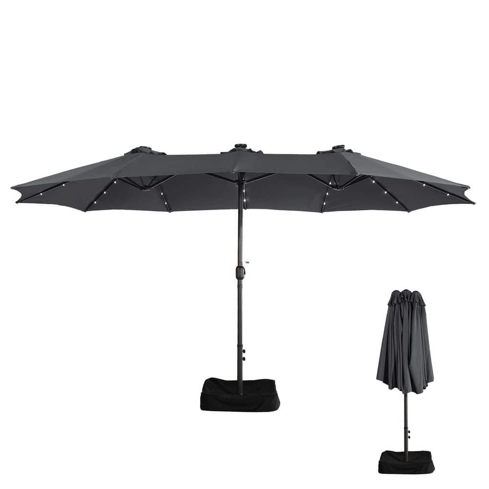 Clihome 15 ft. Maket Patio Umbrella Outdoor Double-Sided LED Umbrella with Base in Dark Grey ...