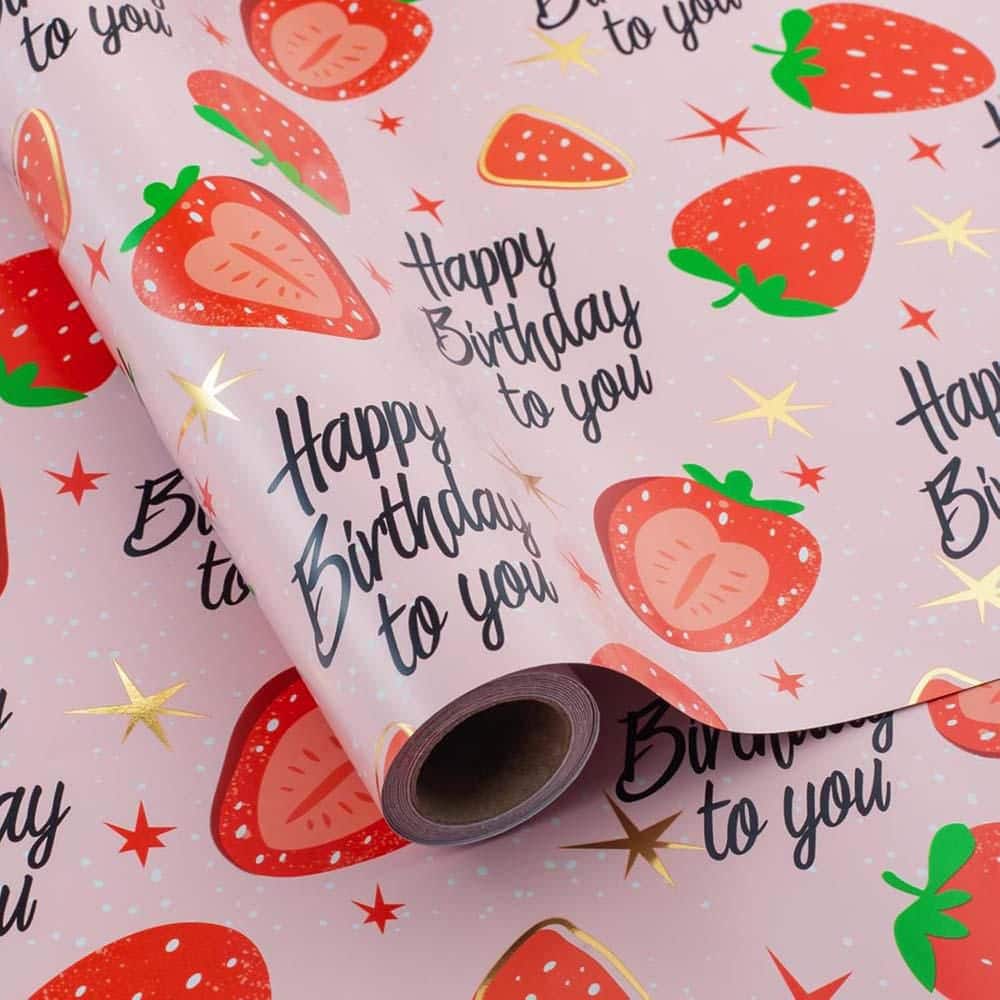 N/A Pink Strawberry Wrapping Paper Roll 17 in. x 32.8 ft. Gold Leaf ...
