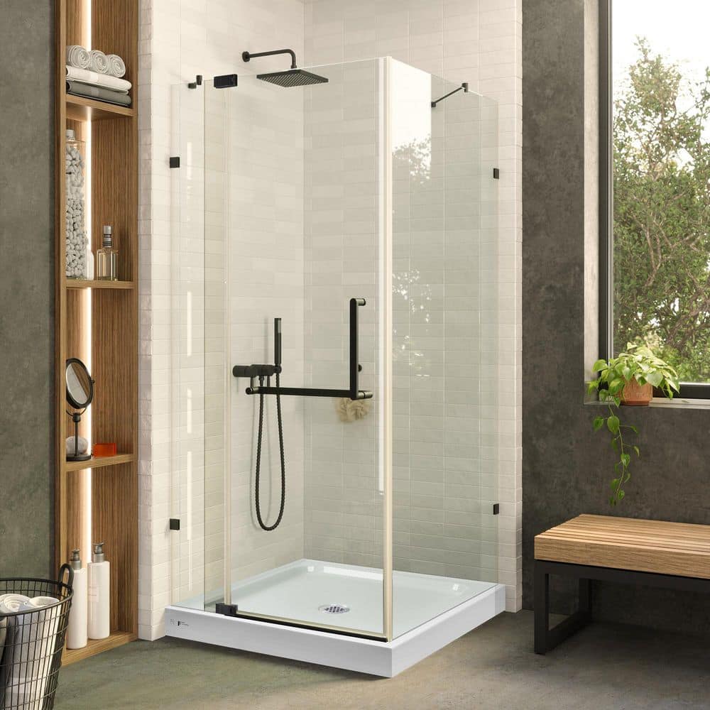 FINE FIXTURES Frameless Corner Shower Stall w/ 30 in. L x 30 in.W ...