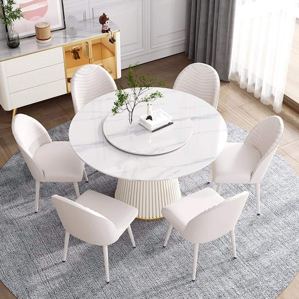 Magic Home 53 in. White Circular Rotable Sintered Stone Tabletop with ...