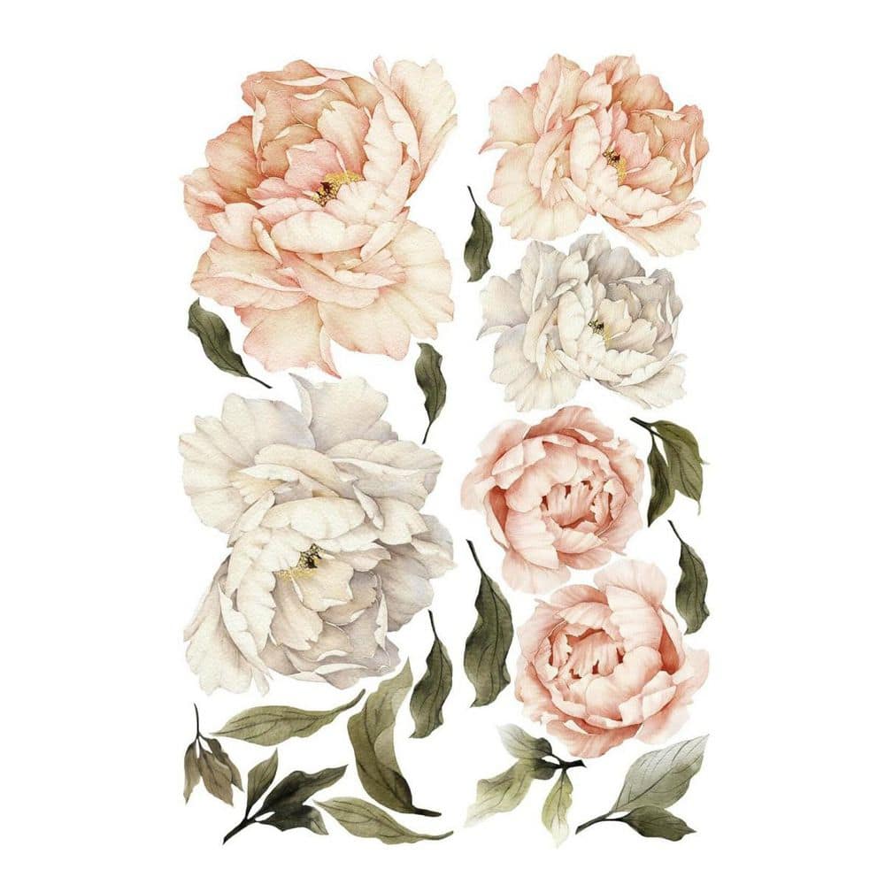 20-Piece 27 in. x 14 in. in. Pink Removable Peel and Stick Peony Flower ...