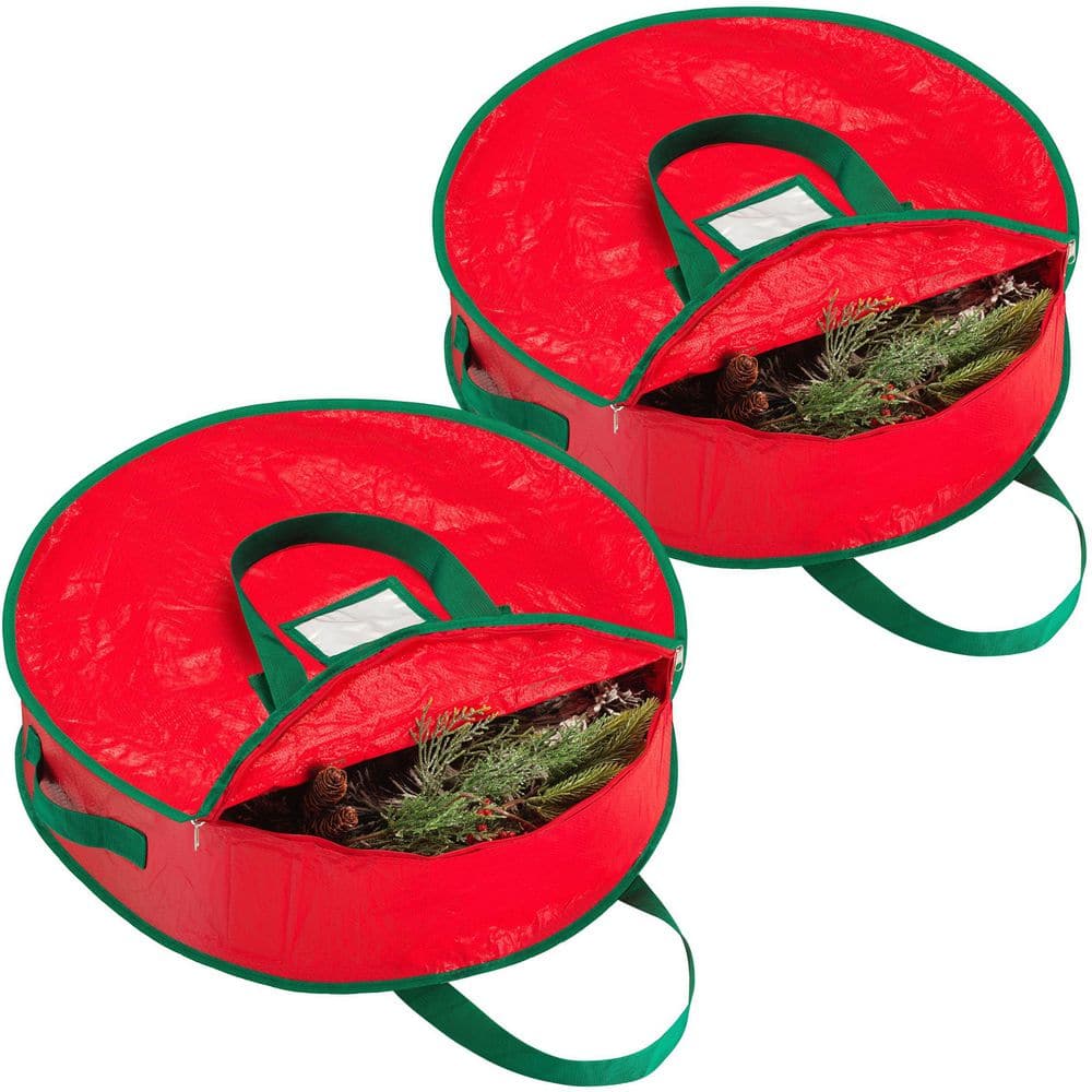 30 in. Red Tarp Fabric Wreath Storage Bag with Zipper and Handles for ...
