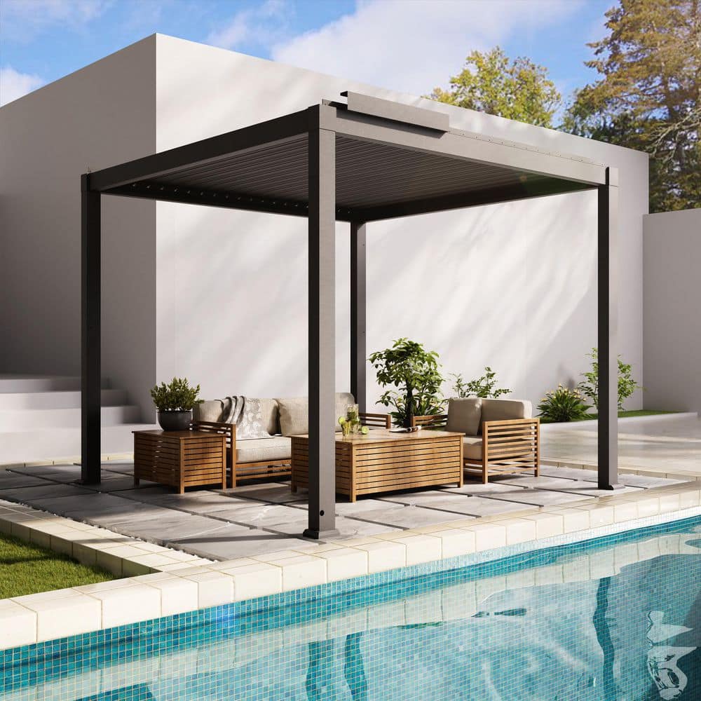 Mondawe 10 ft. x 10 ft. Gray Aluminum Louvered Pergola with LED Lights ...