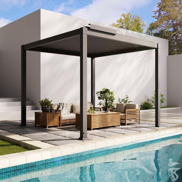 Mondawe 10 ft. x 10 ft. Gray Aluminum Louvered Pergola with LED Lights ...