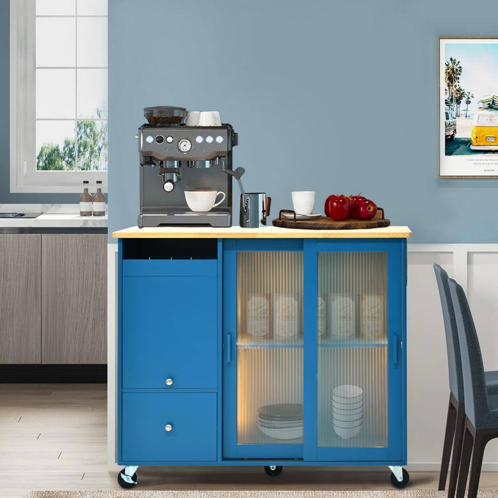 Nestfair Blue Wood 44 in. W Kitchen Island with Drop Leaf and LED Light ...