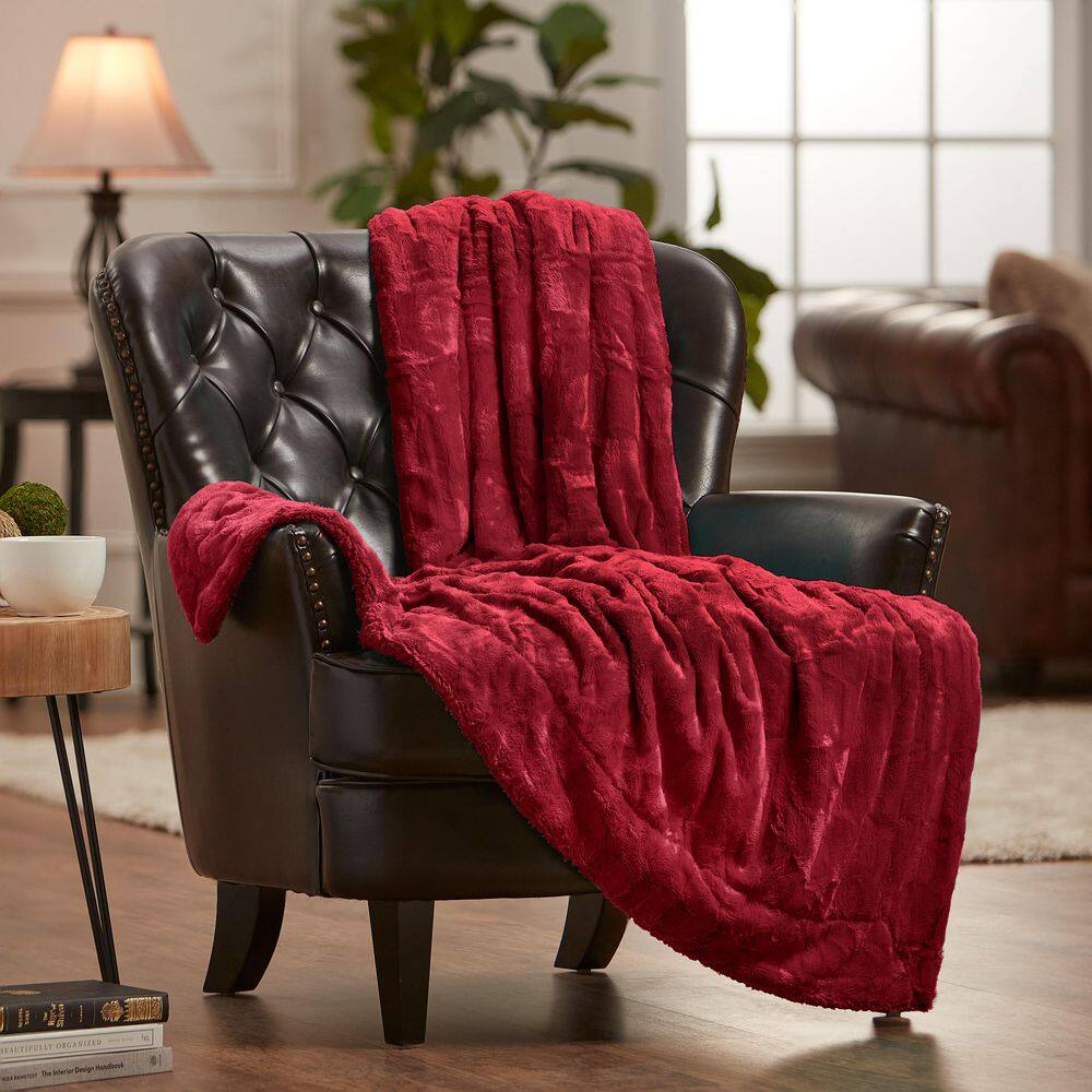 CHANASYA Embossed Maroon Faux Fur Reversible Sherpa Polyester Throw ...