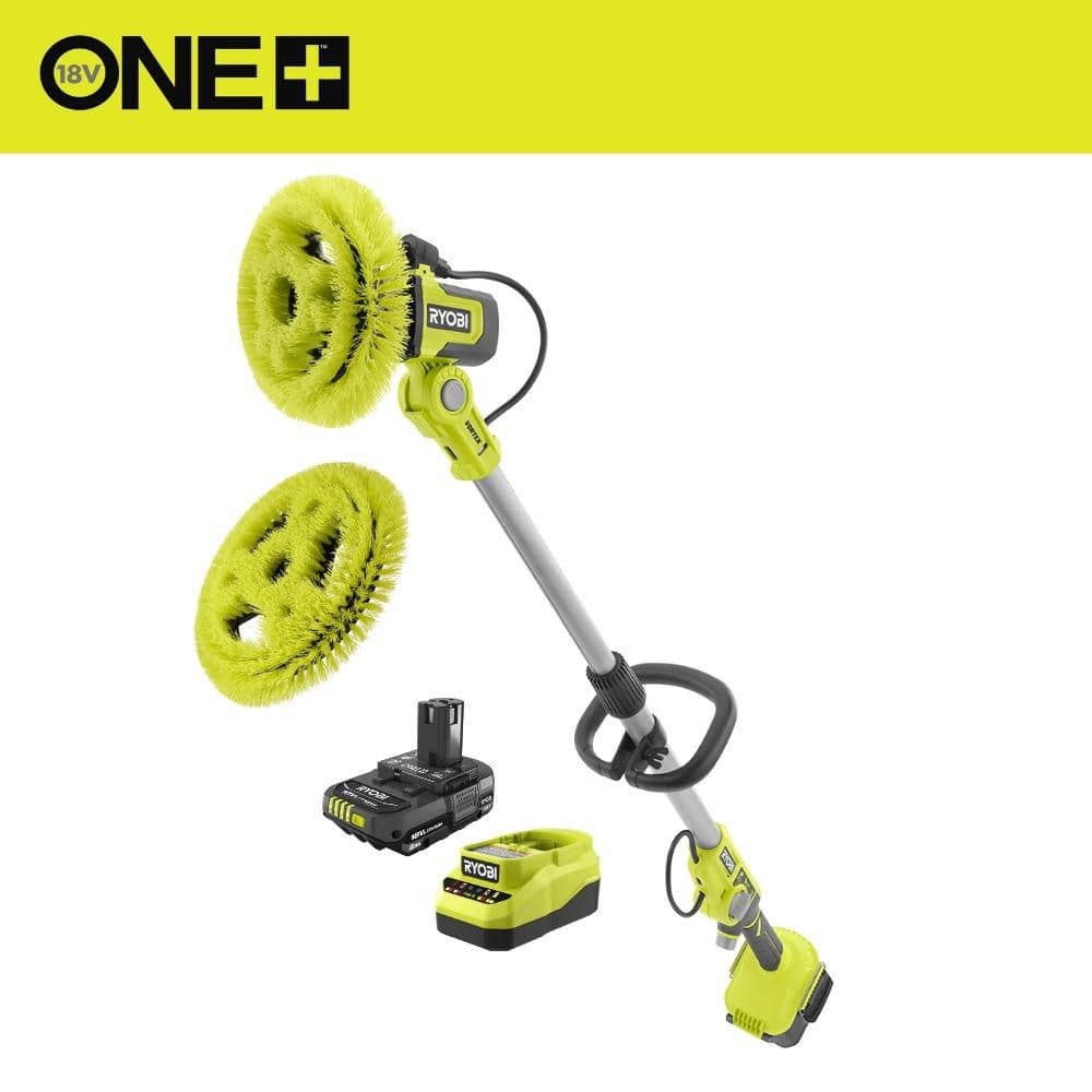 RYOBI ONE+ 18V Cordless Soap Dispensing Scrubber Kit w/ 11 in. VORTEX ...