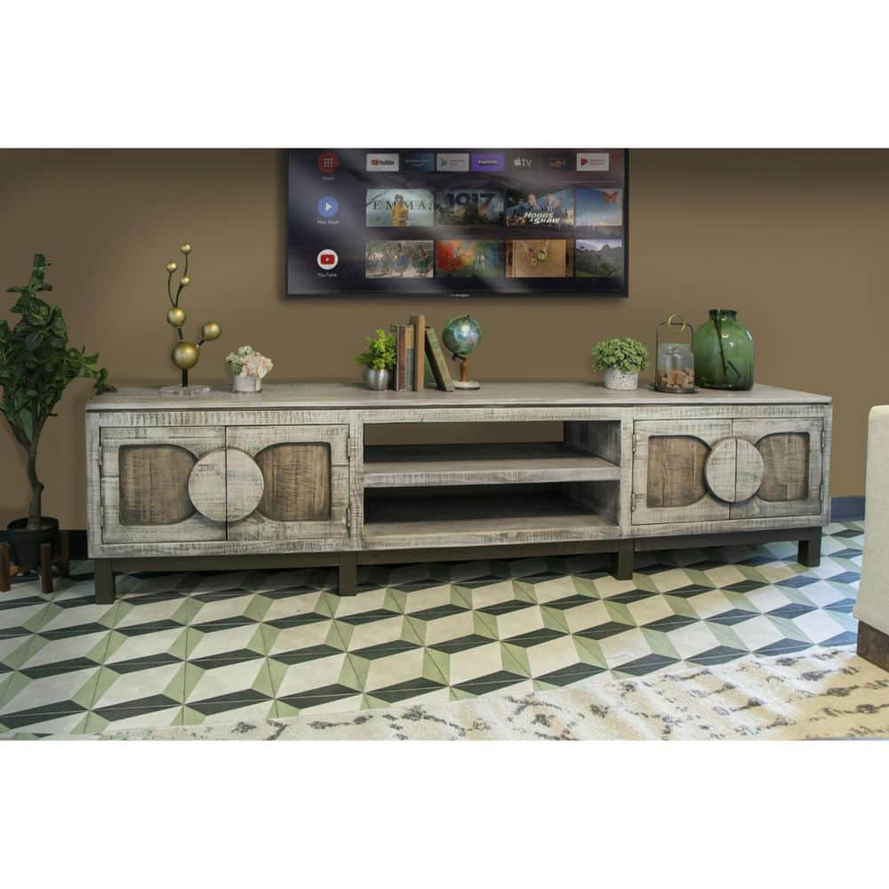 HomeRoots White TV Stand Fits TV's up to 88 in. with Shelves, Storage ...