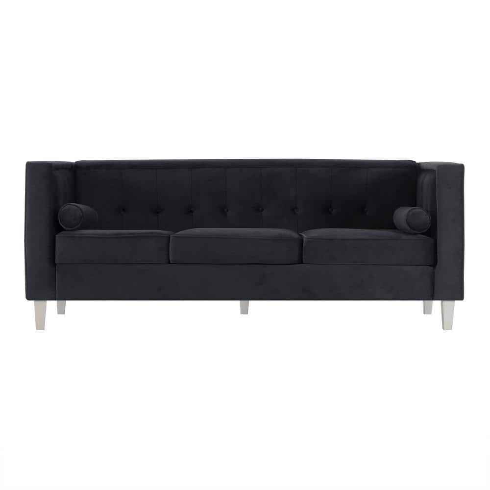 MAYKOOSH 83.5 in Wide Square Arm Velvet Rectangle Sofa in. Black ...