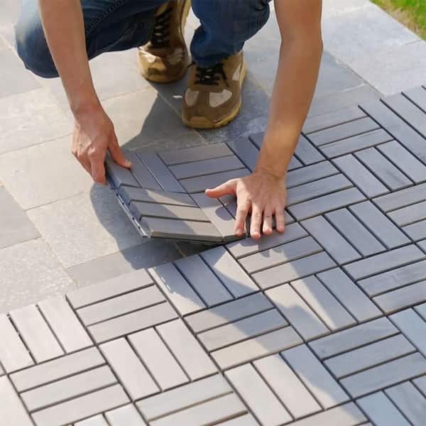 YOFE 1 ft. x 1 ft. Acacia Wood Interlocking Deck Tiles in Gray, Indoor ...