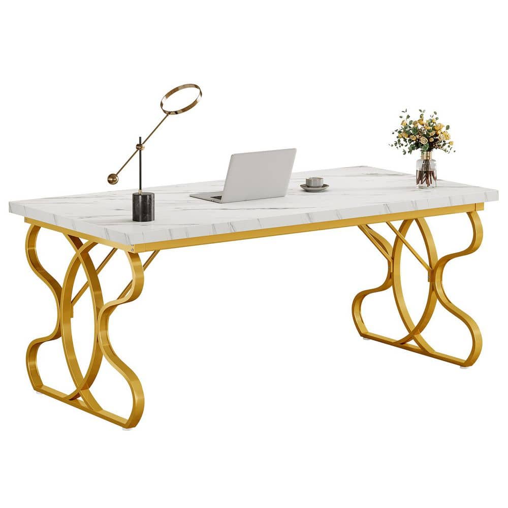 BYBLIGHT 63 in. Rectangle White and Gold Faux Marble Executive Computer ...
