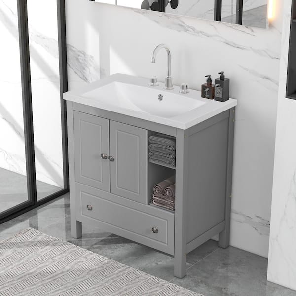 30 in. W x 18. in D. x 32 in. H Bath Vanity in Grey with White Ceramic ...
