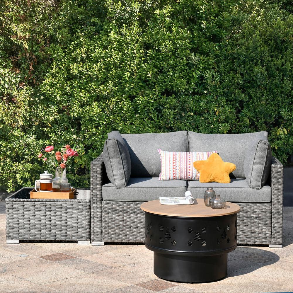 Toject Sanibel Gray 4-Piece Wicker Outdoor Patio Conversation Sofa Set with a Wood-Burning Fire ...
